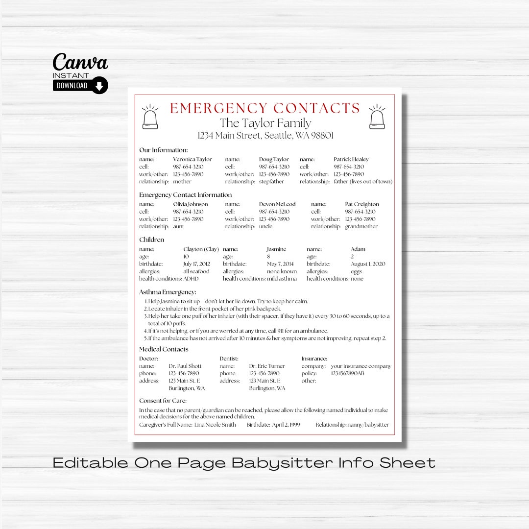 Editable Emergency Contact Sheet, Babysitter Information Sheet ...