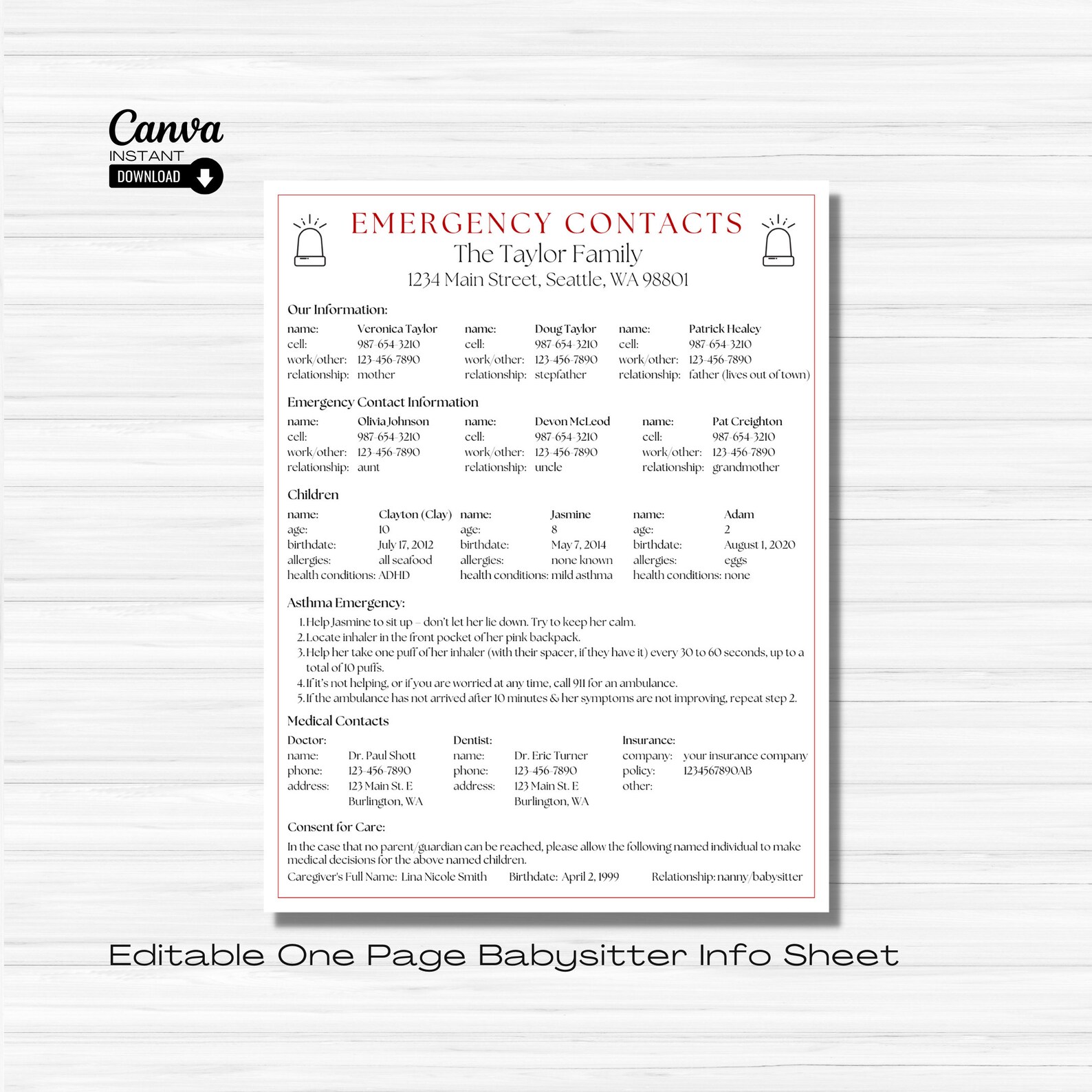 Editable Emergency Contact Sheet, Babysitter Information Sheet ...
