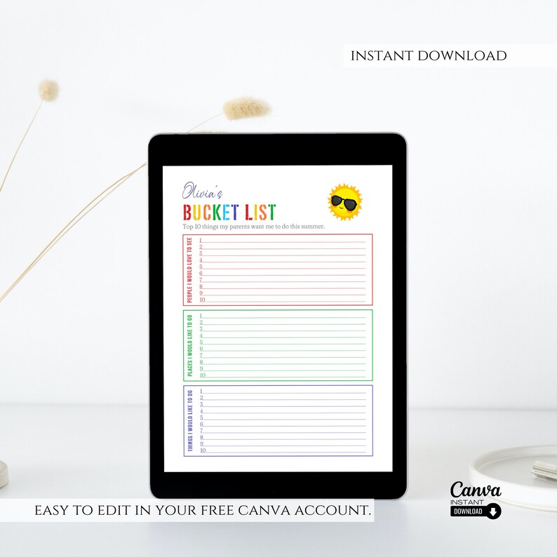 Editable Summer Bucket List Planner Templates, Printable Summer ...