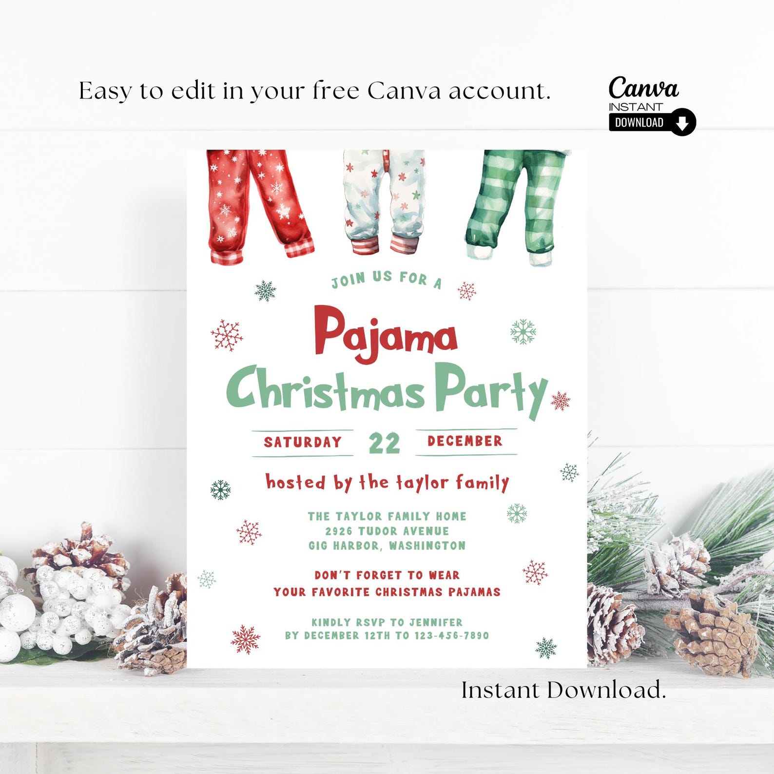 Editable Pajama Party Sign Template, Printable Holiday Party Flyer ...