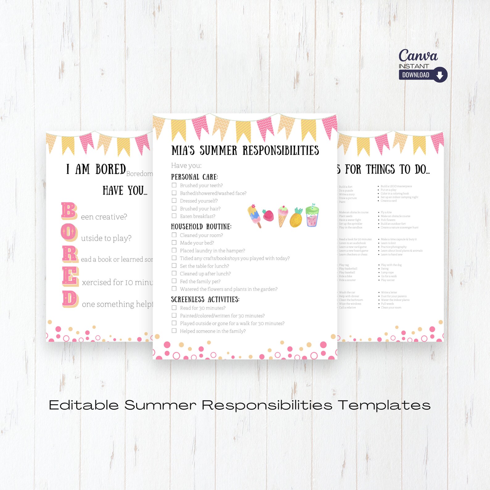 Kids Summer Chore and Activity Chart, Summer Rules Printable, Editable ...