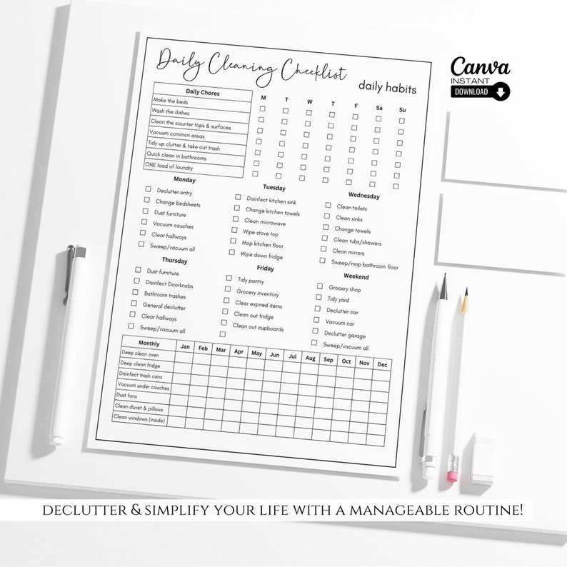 Editable Cleaning Checklist Planner, Printable Daily and Weekly Chore ...