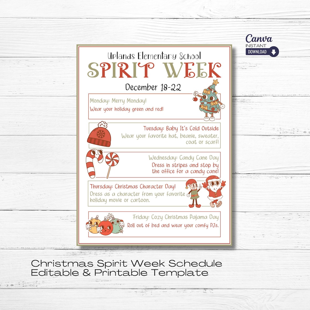 Editable Christmas School Spirit Week Flyer Template, Printable Holiday ...