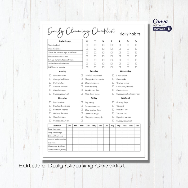 Editable Cleaning Checklist Planner: Daily & Weekly Chores (canva ...