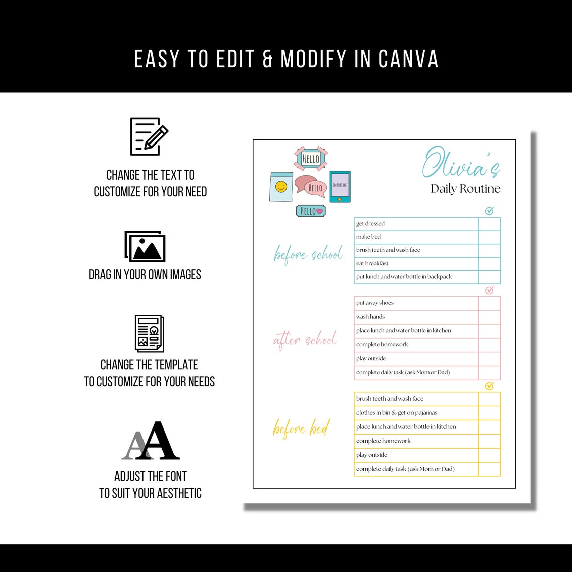Editable Daily Routine Checklist for Kids, Printable Before and After ...