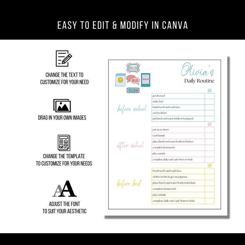 Editable Daily Routine Checklist for Kids, Printable Before and After ...