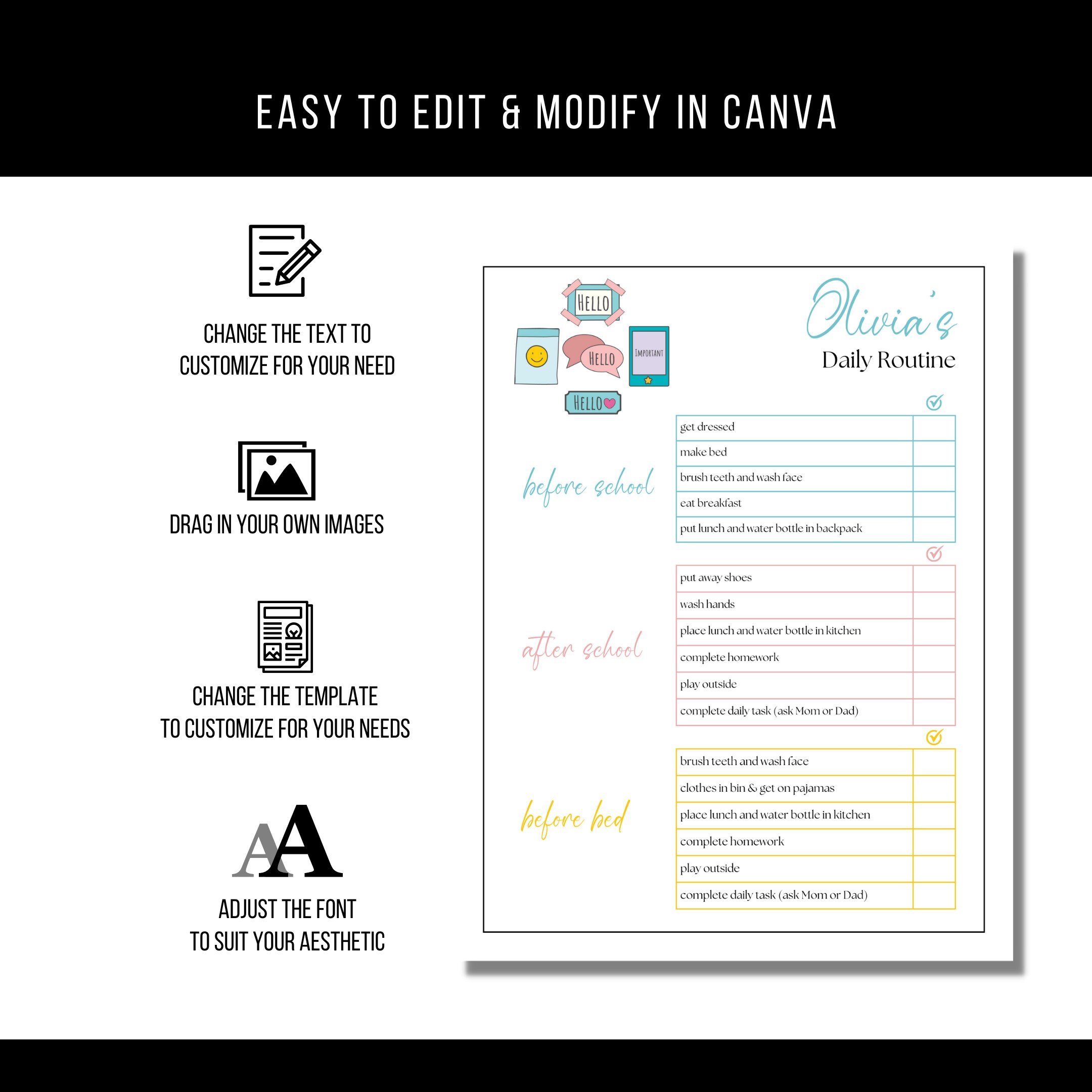 Editable Daily Routine Checklist for Kids, Printable Before and After ...