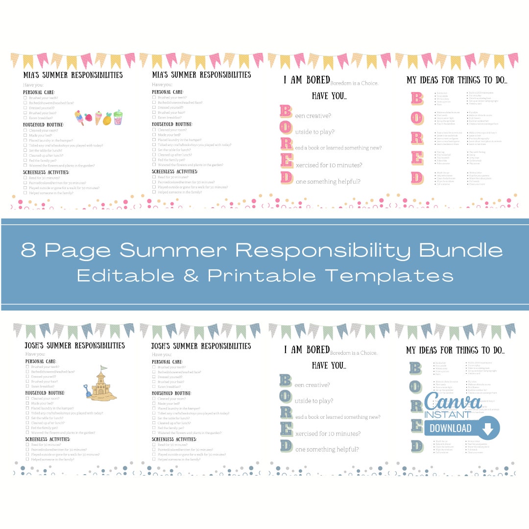 Kids Summer Chore and Activity Chart, Summer Rules Printable, Editable ...