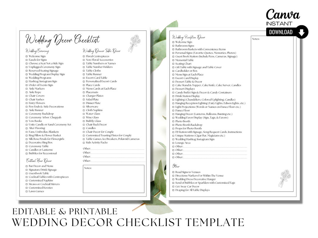 Editable Wedding Decor Checklist Template Printable Wedding - Etsy