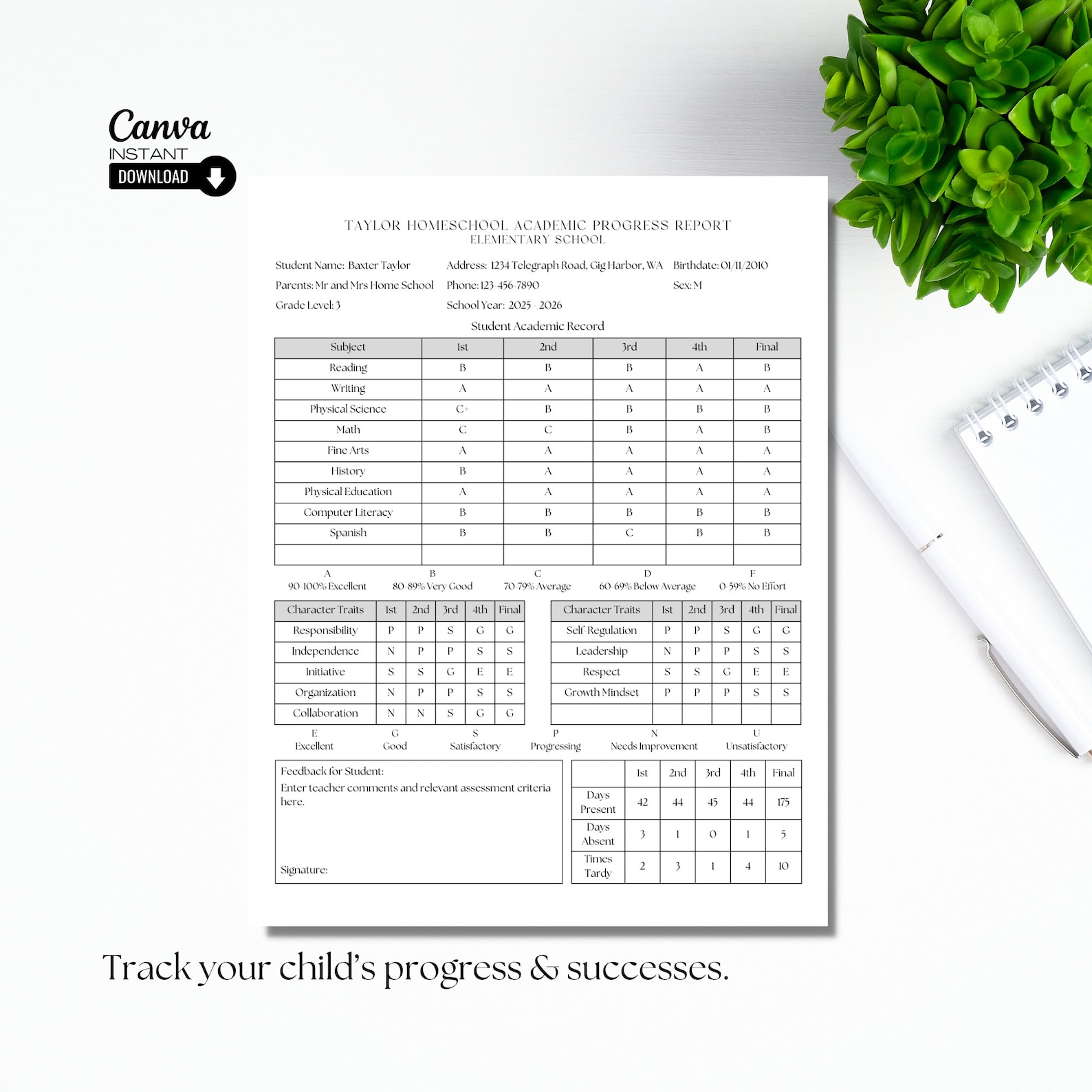 Editable Homeschool Report Card Template: Fillable Academic Record ...