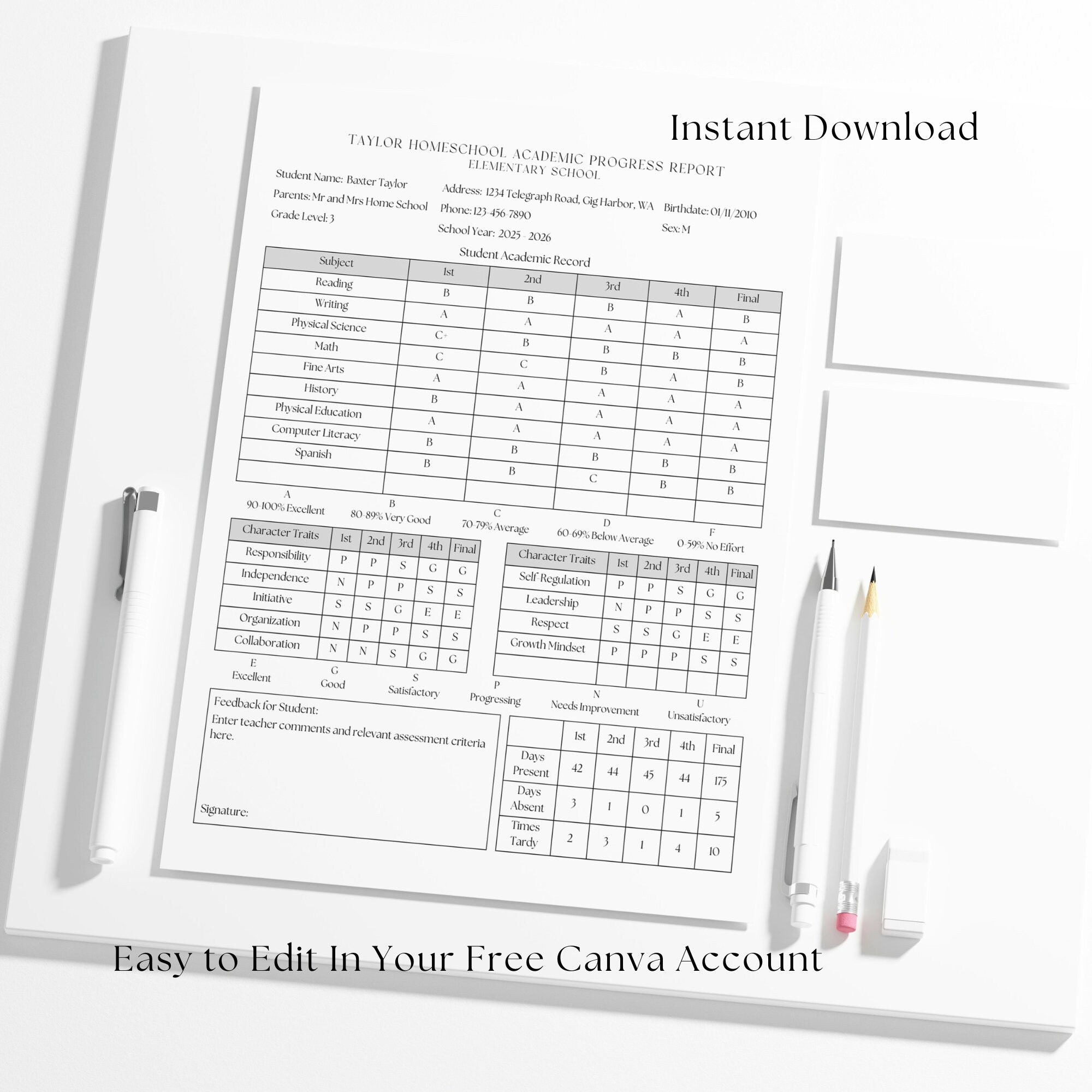 Editable Homeschool Report Card Template: Fillable Academic Record (digital Download) - Etsy