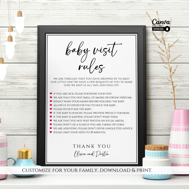Editable New Baby Visit Sign Template, Printable New Born Visiting Rules List, No Kissing, No ...
