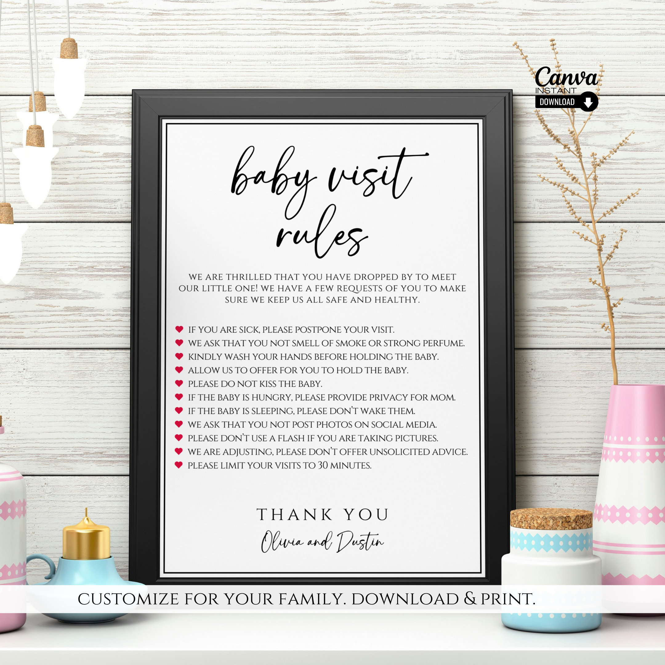 Editable New Baby Visit Sign Template, Printable New Born Visiting Rules List, No Kissing, No ...