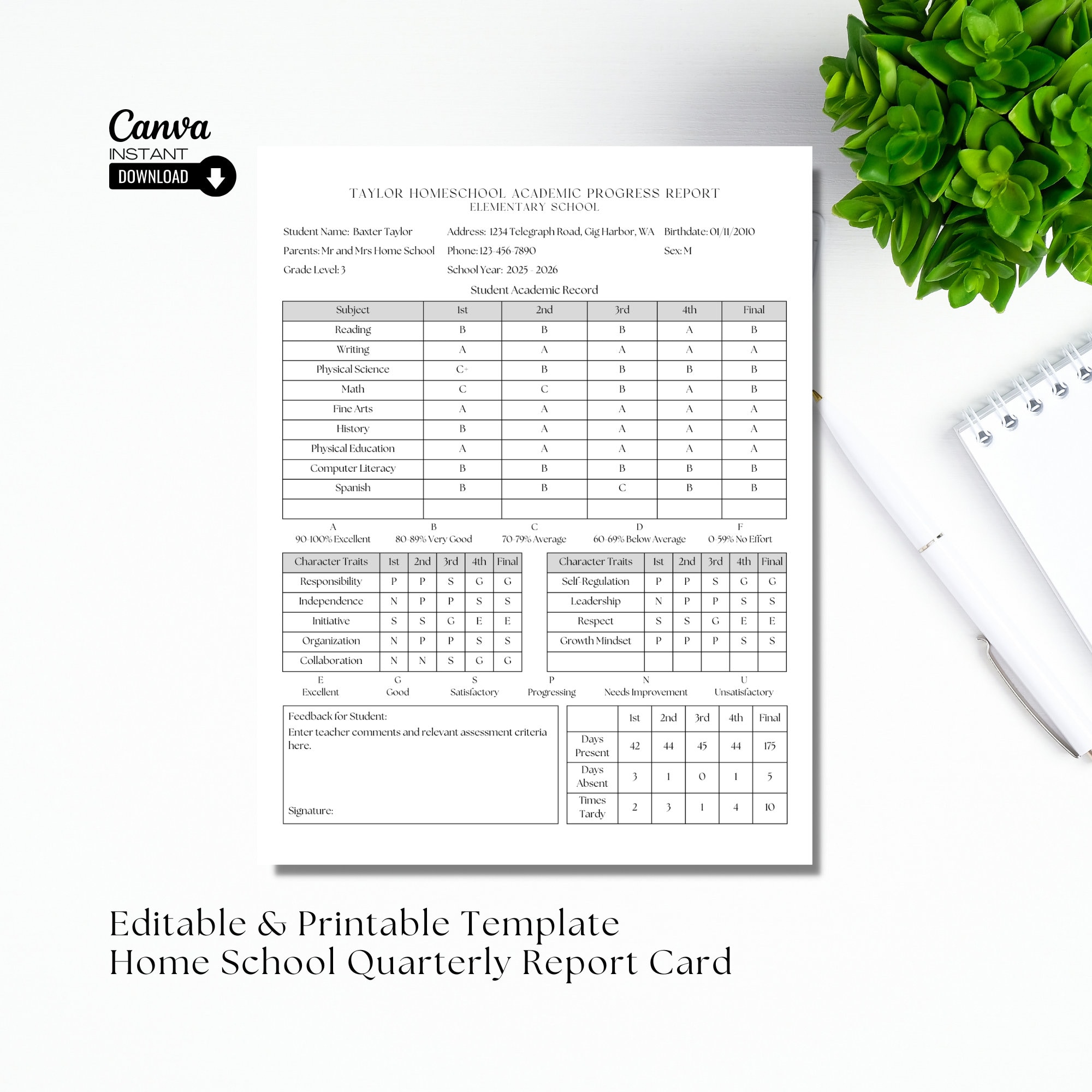 Editable Homeschool Report Card Template, Printable Home School ...