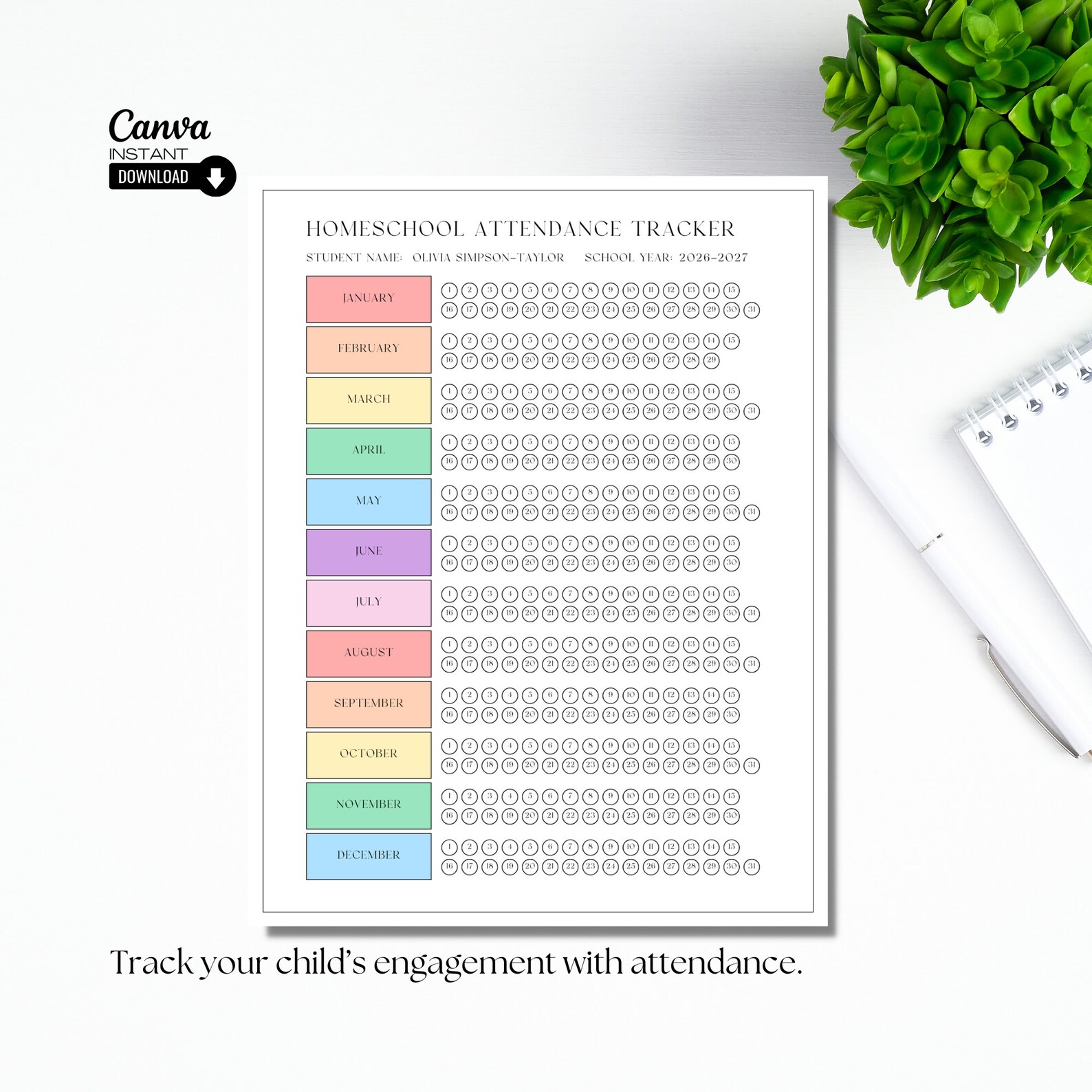 Editable Homeschool Attendance Tracker: Printable Student Record (PDF ...