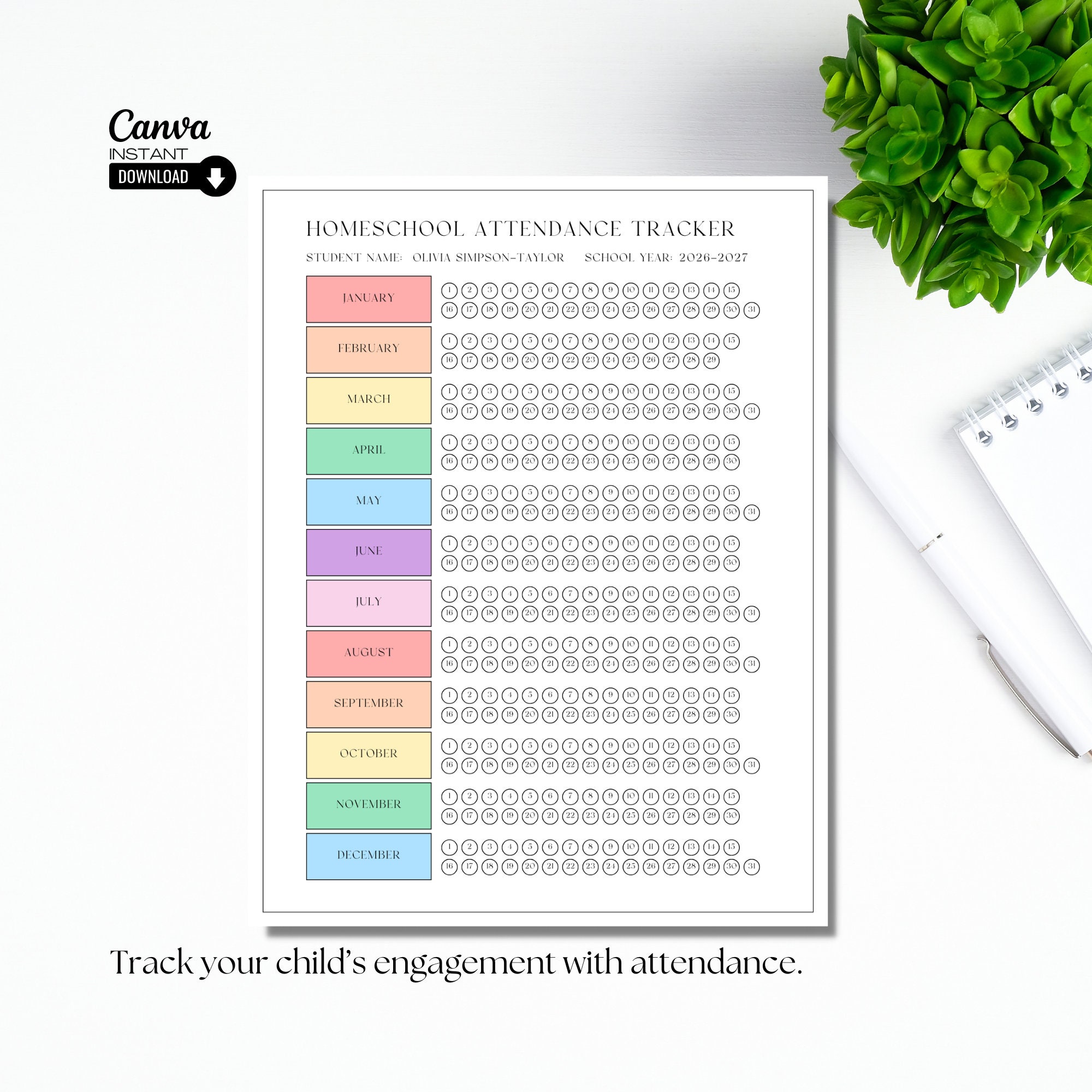Editable Homeschool Attendance Tracker: Printable Student Record (PDF ...