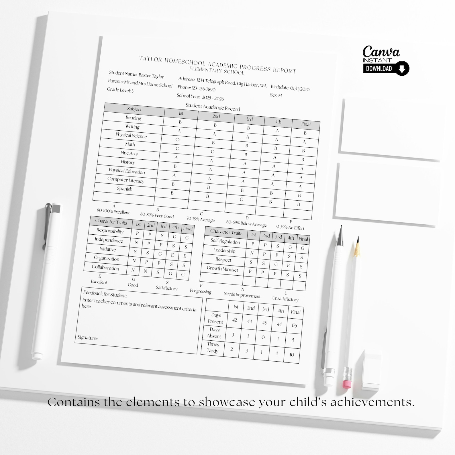 Editable Homeschool Report Card Template: Fillable Academic Record ...