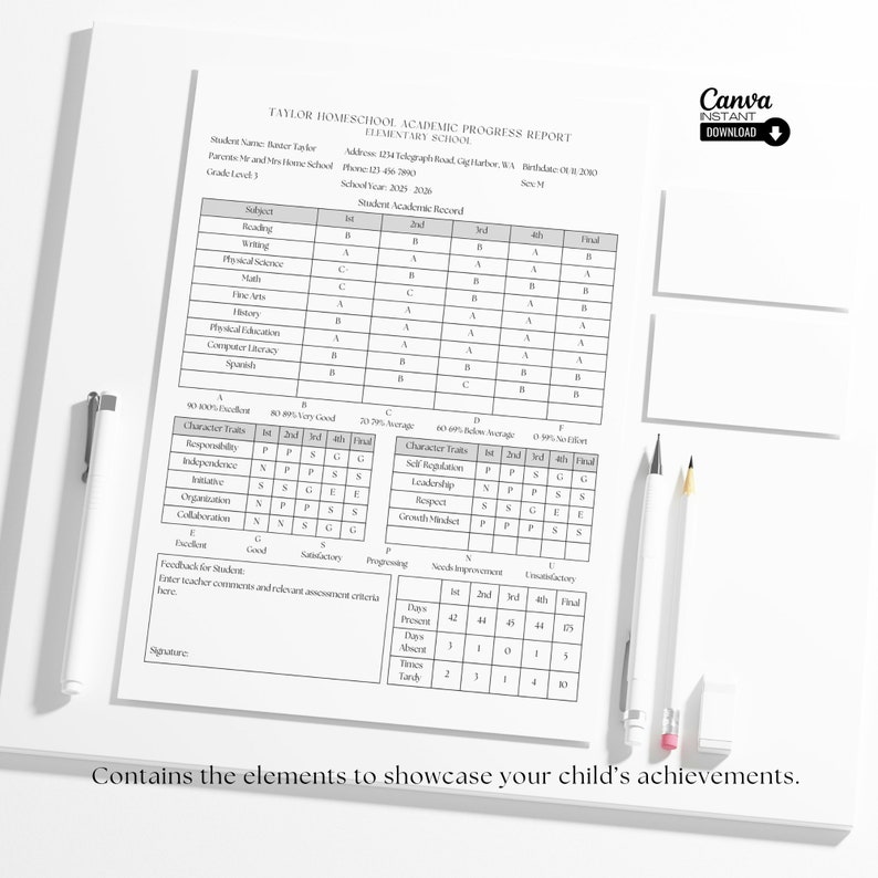 Editable Homeschool Report Card Template: Fillable Academic Record ...