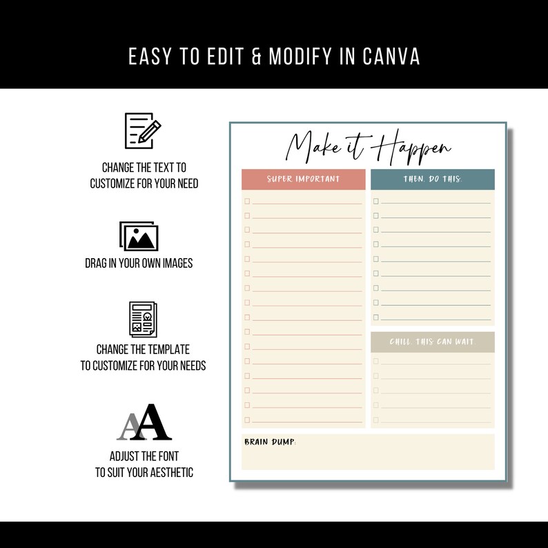 Editable Daily to Do Checklist Template, Printable Productivity Planner ...