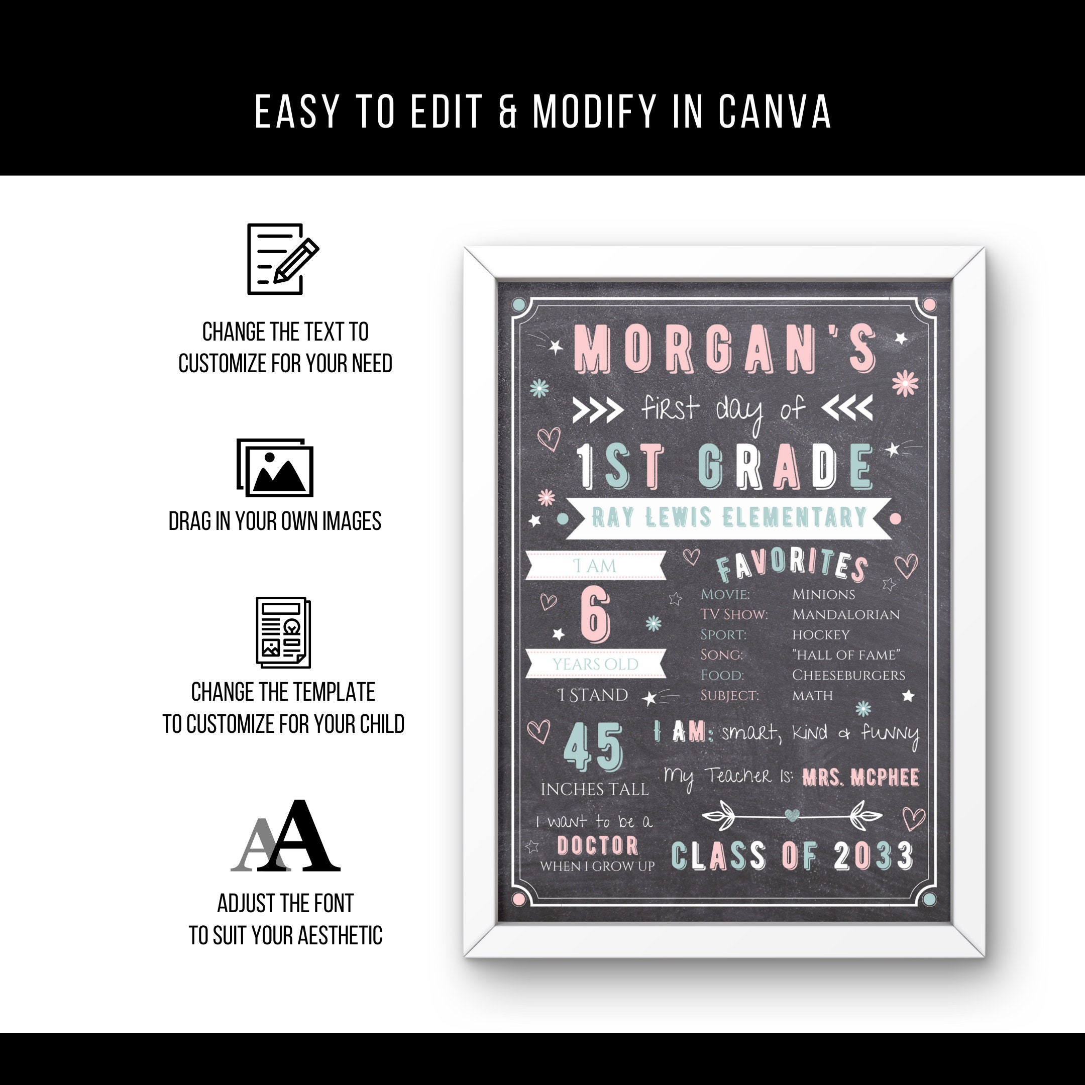 Printable First Day of School Sign, Back to School Chalkboard Sign ...