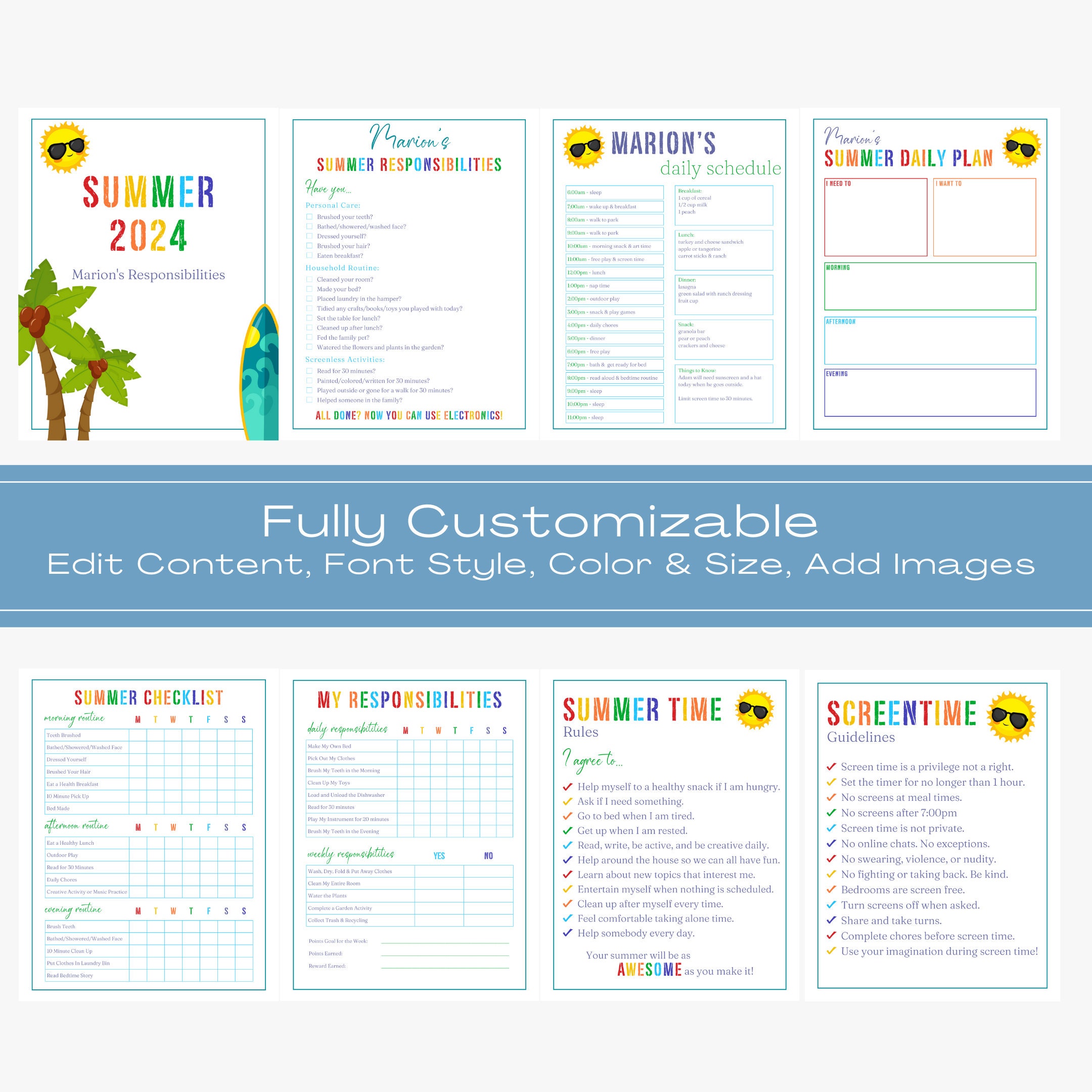 Editable Summer Daily Checklist for Kids, Printable Kids Routine Chart ...