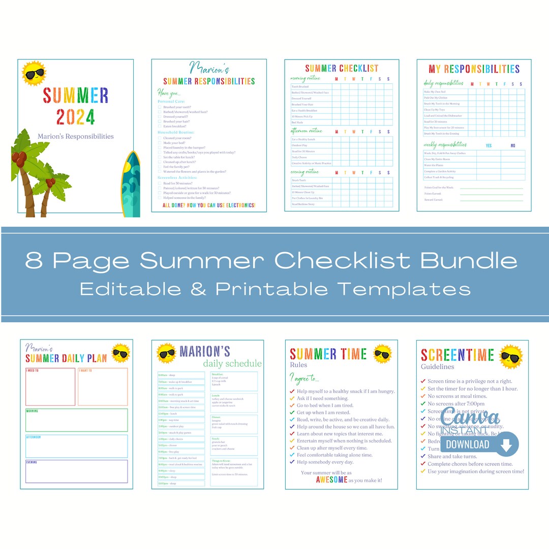 Editable Summer Daily Checklist for Kids, Printable Kids Routine Chart ...