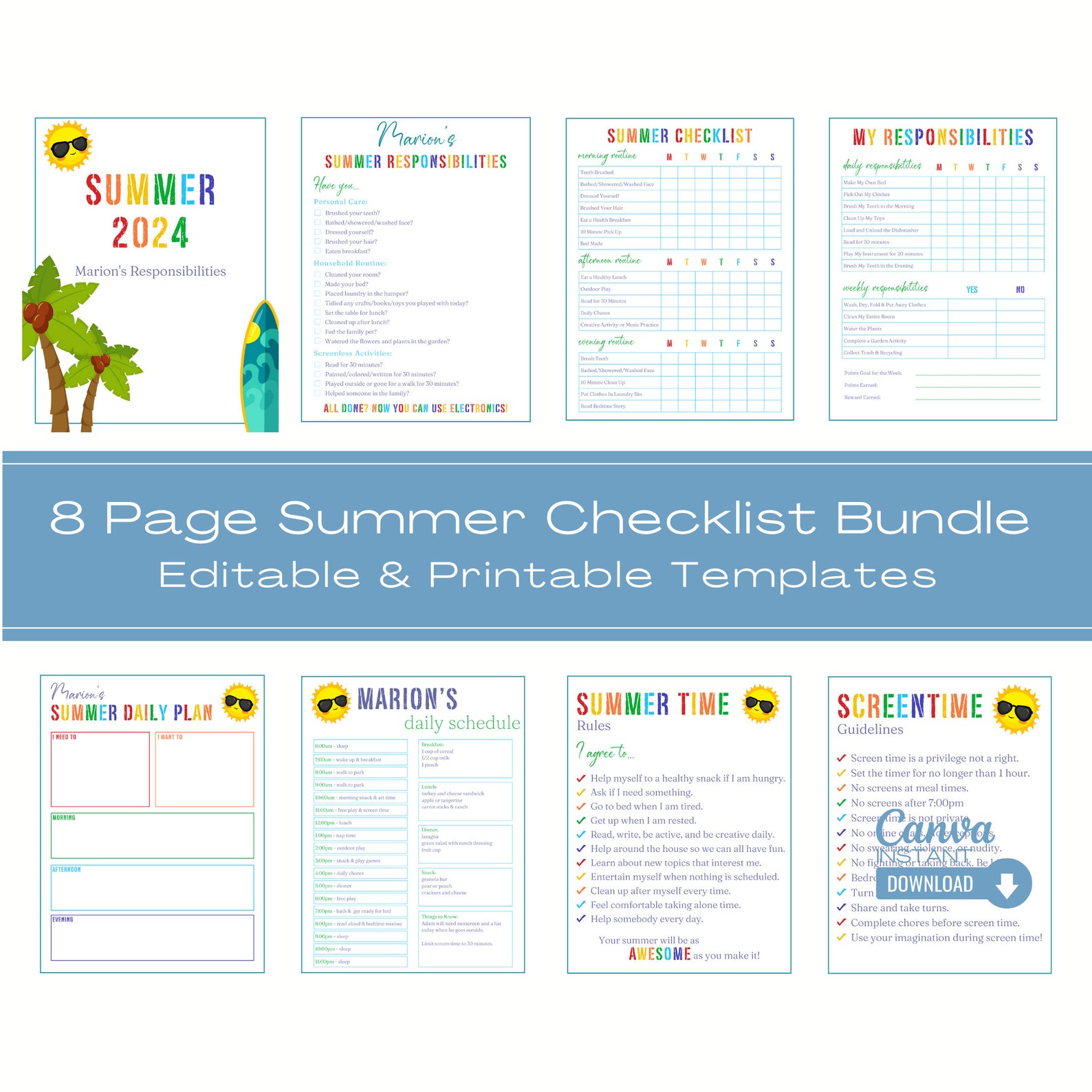 Editable Summer Daily Checklist for Kids, Printable Kids Routine Chart ...