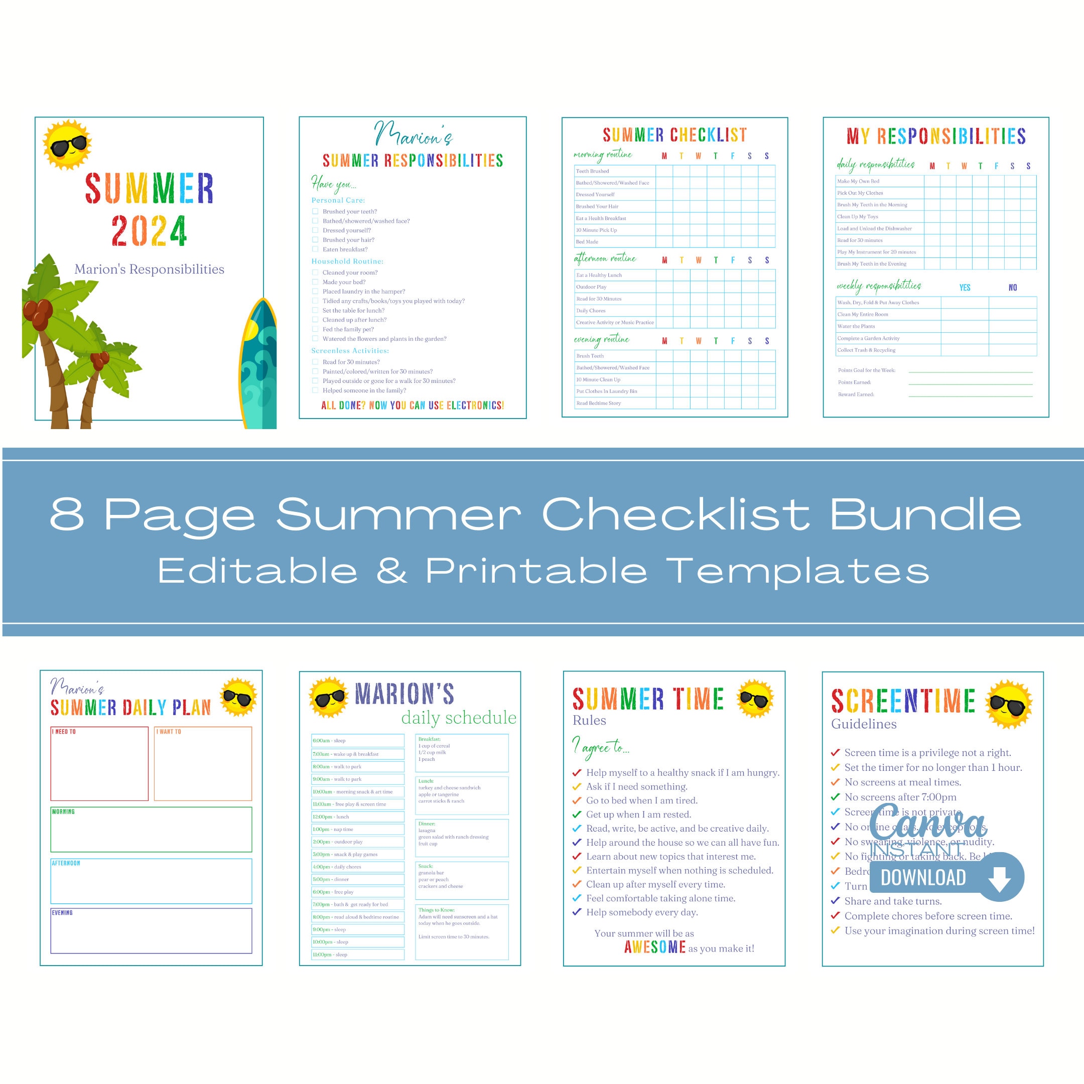 Editable Summer Daily Checklist for Kids, Printable Kids Routine Chart ...