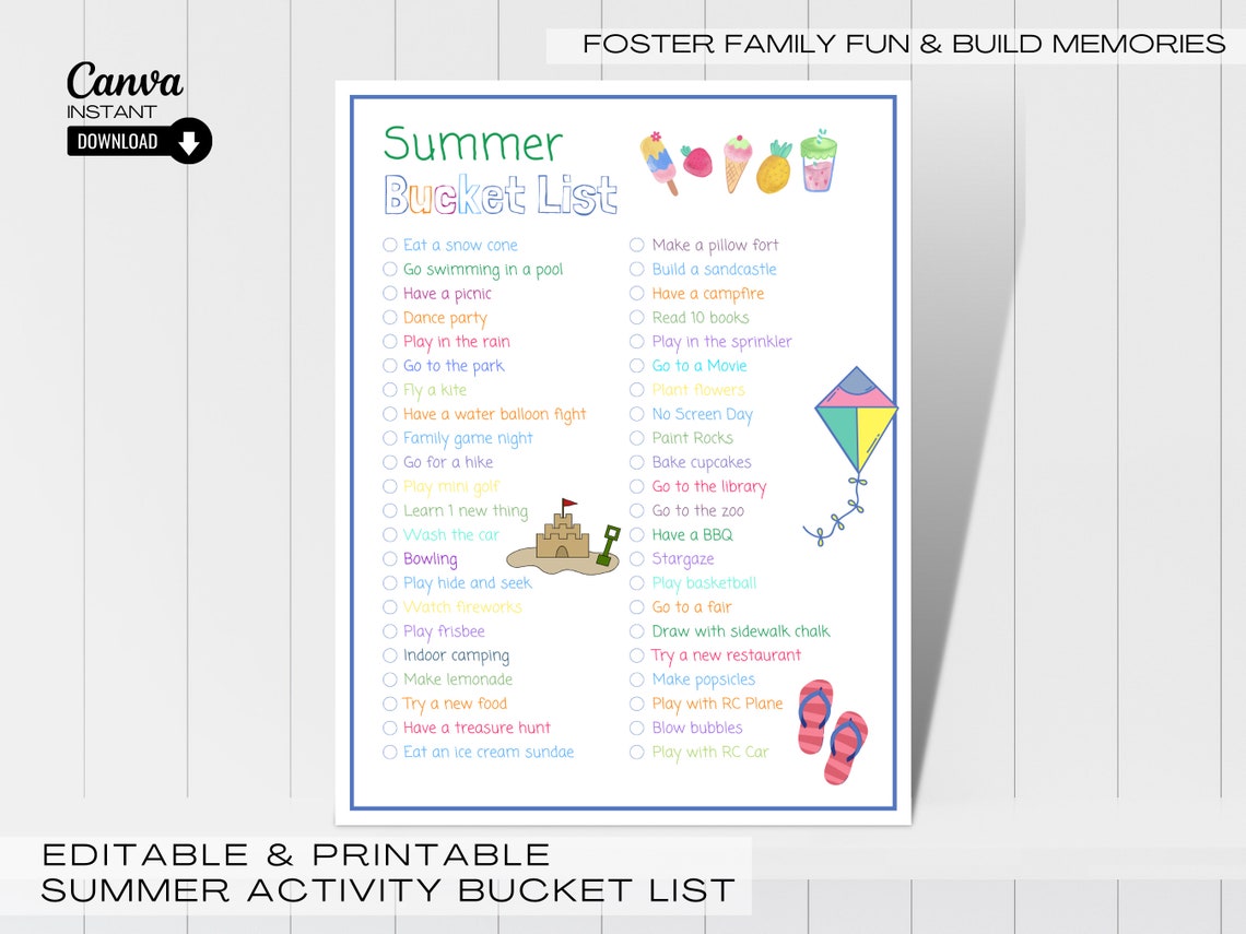 Editable Summer Bucket List Printable Summer to Do List - Etsy