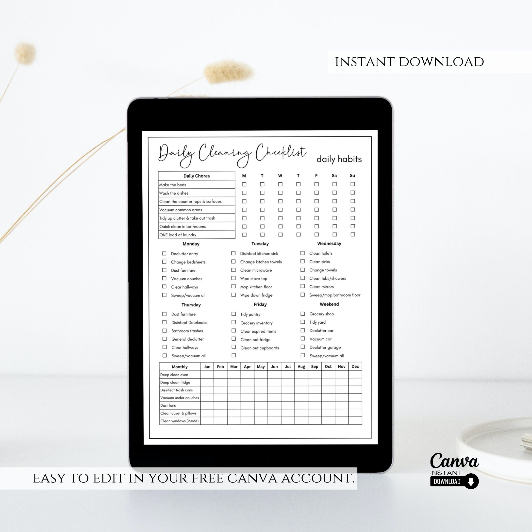 Editable Cleaning Checklist Planner: Daily & Weekly Chores (canva ...