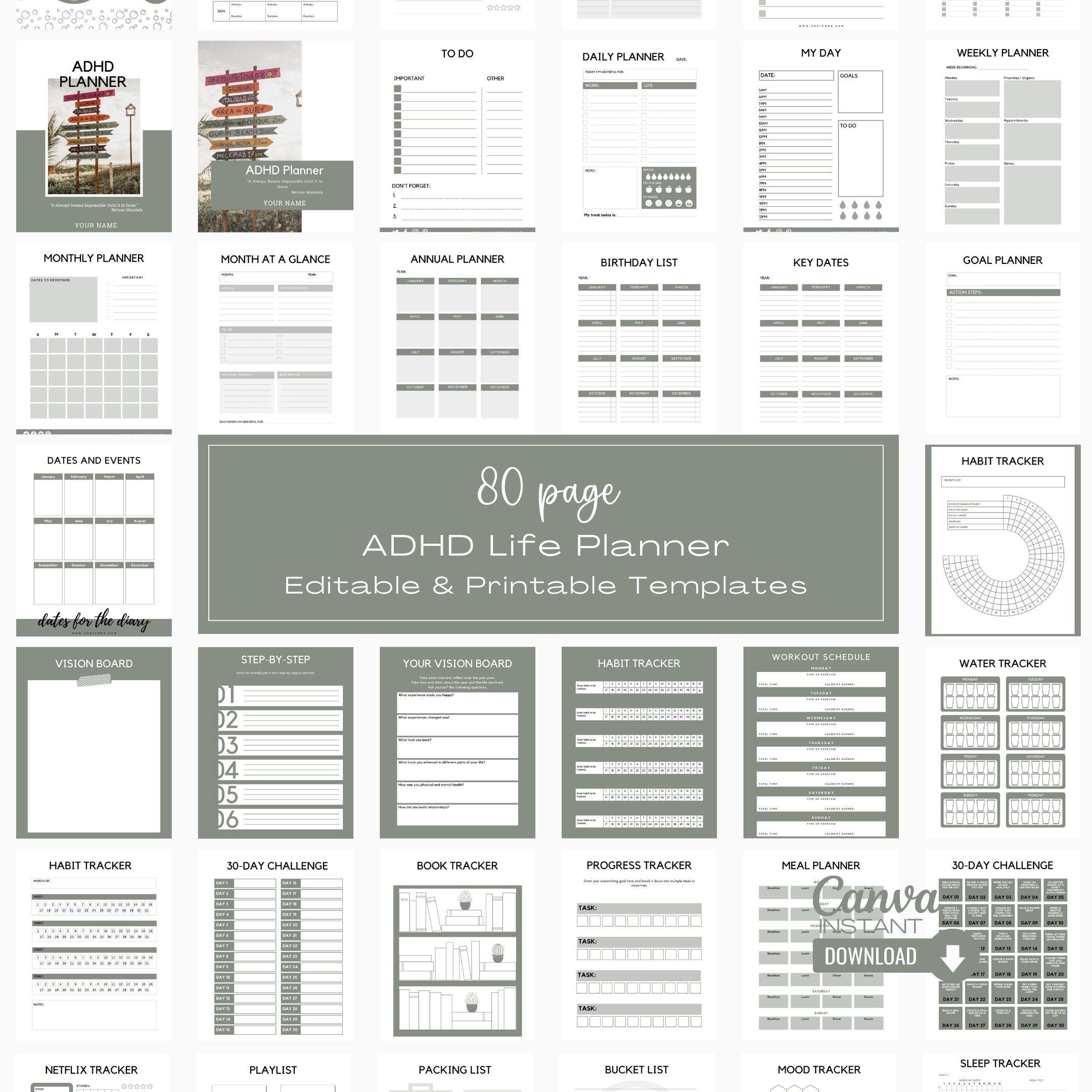 Editable ADHD Planner Template, Printable Adult ADHD Journal, Digital ...