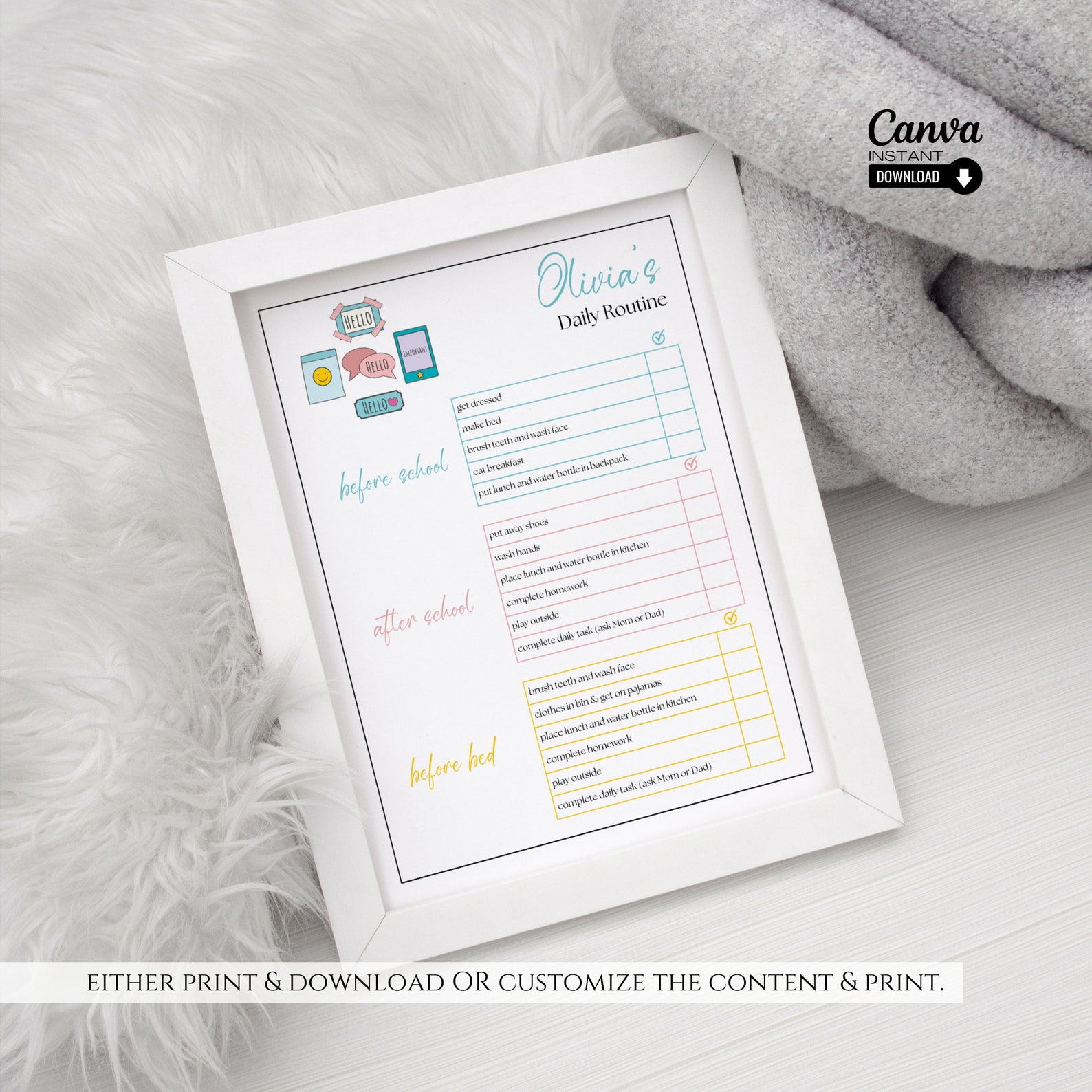 Editable Daily Routine Checklist for Kids, Printable Before and After ...