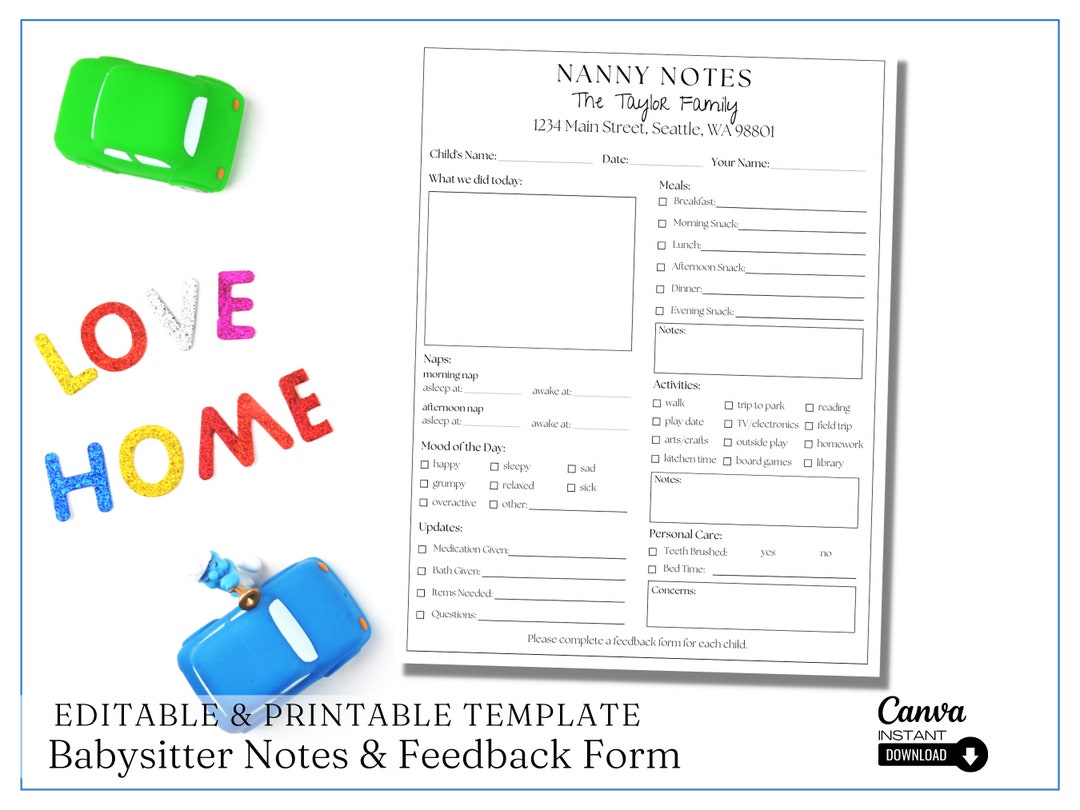 Nanny Notes Printable, Editable Babysitter Notes Form, Nanny Log ...