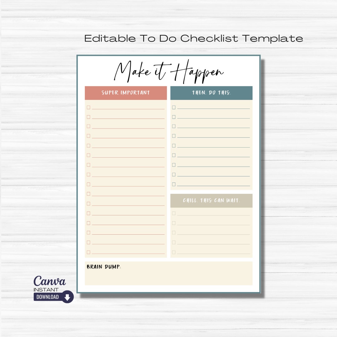 Editable Daily to Do Checklist Template, Printable Productivity Planner ...