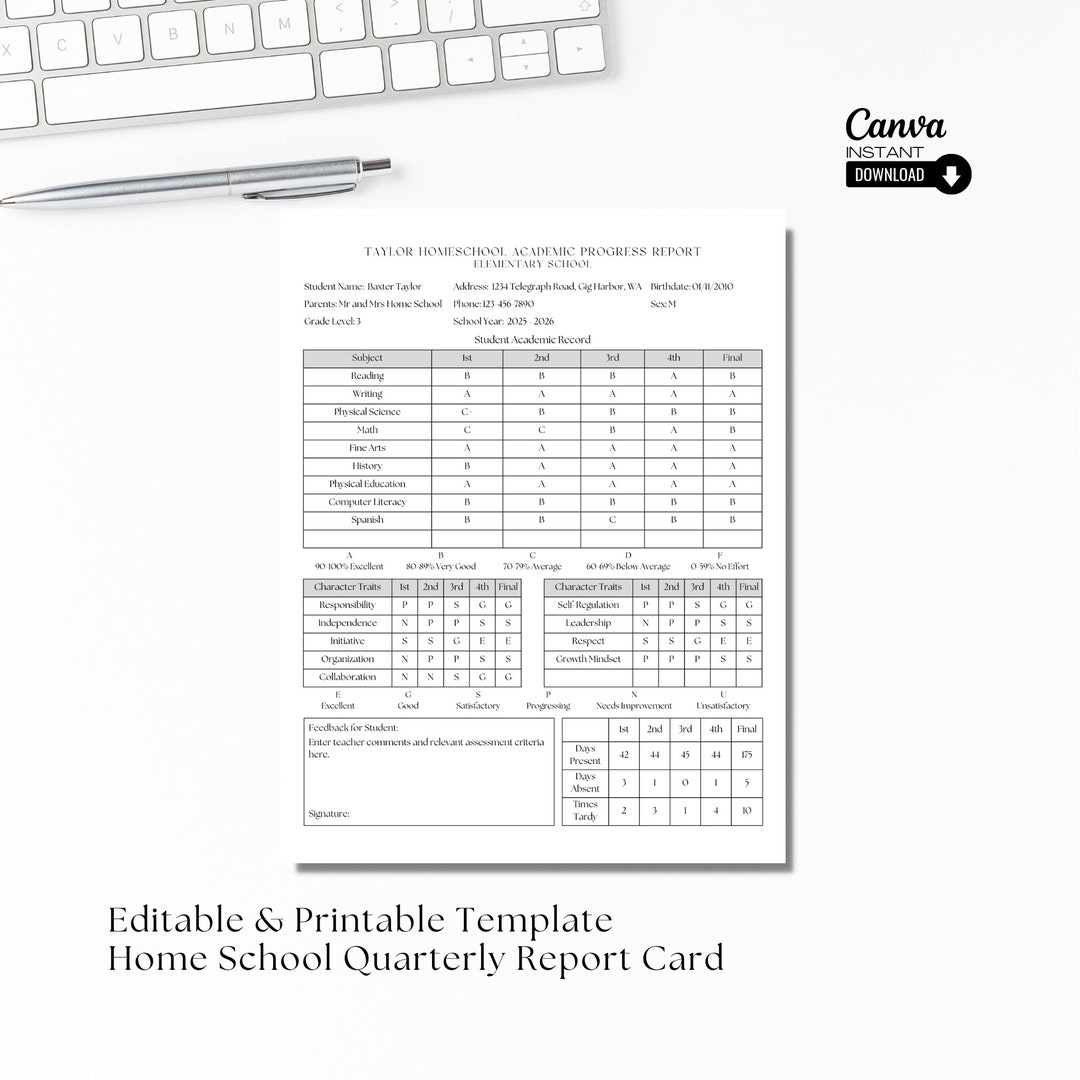 Editable Homeschool Report Card Template, Printable Home School ...