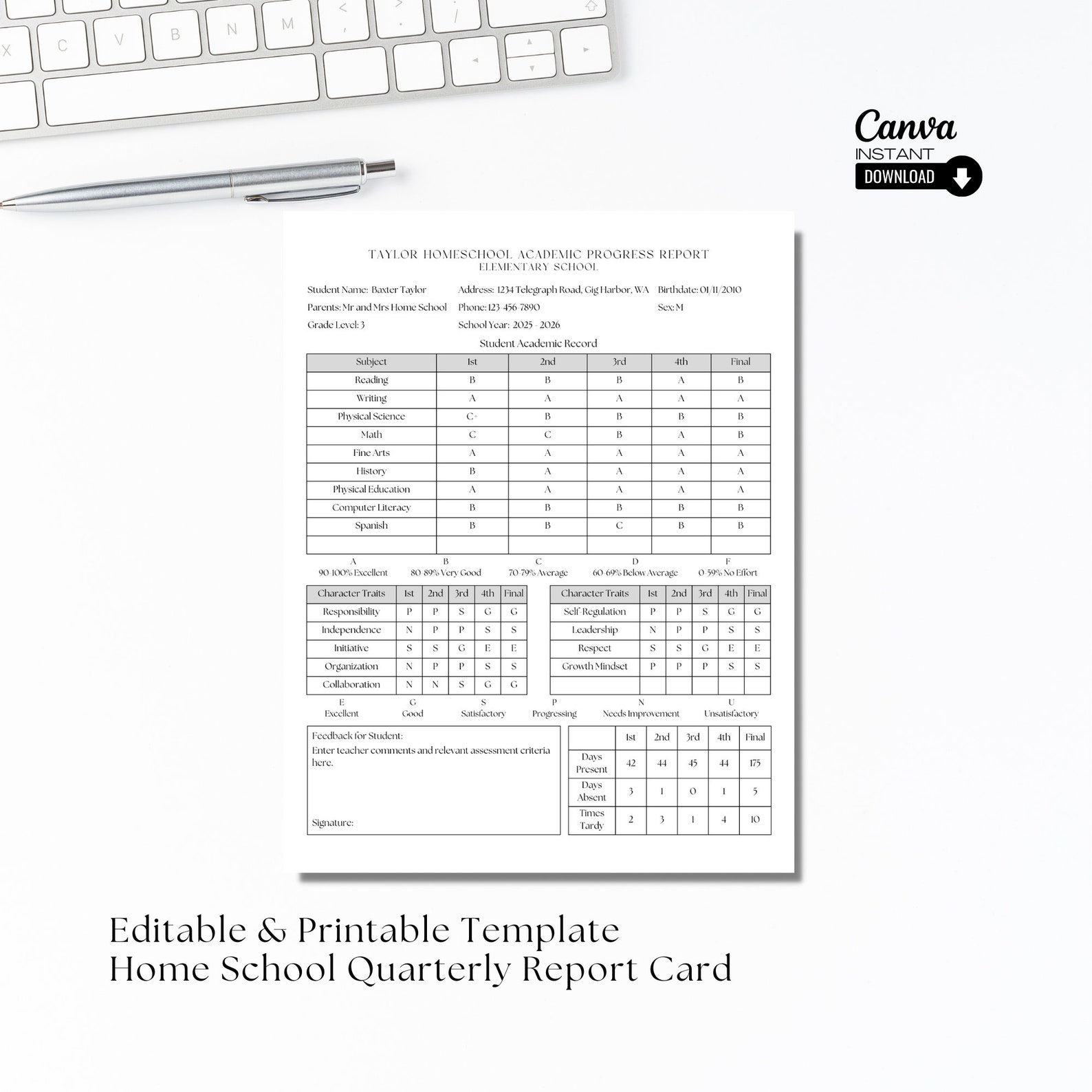 Editable Homeschool Report Card Template, Printable Home School ...