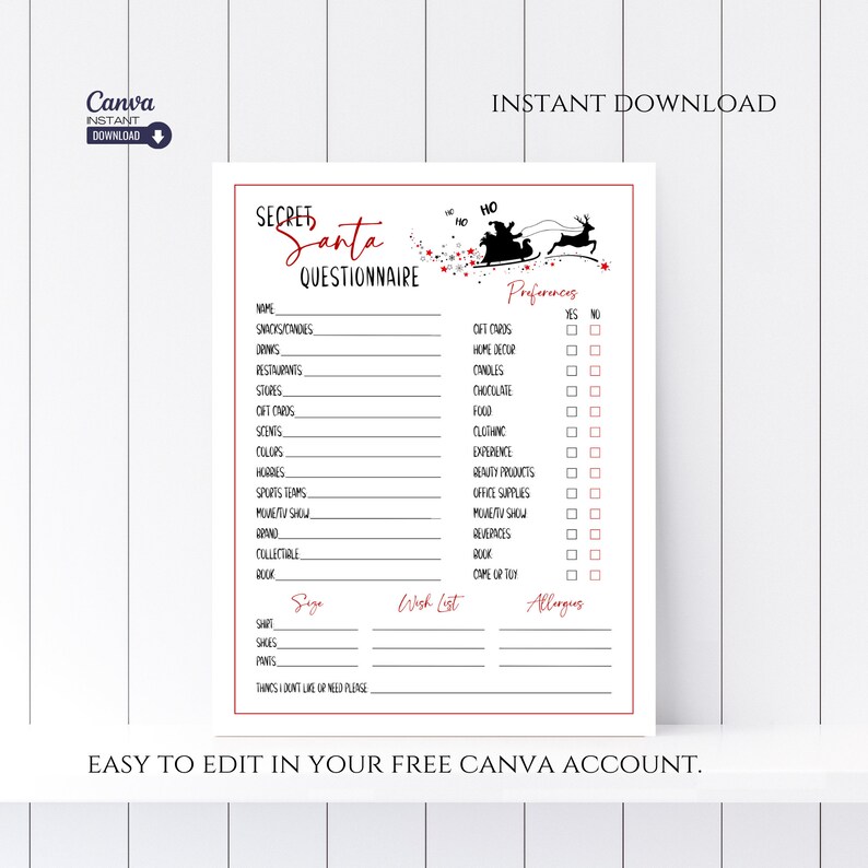 Secret Santa Gift Exchange Kit: Printable Questionnaire & Sign-up ...