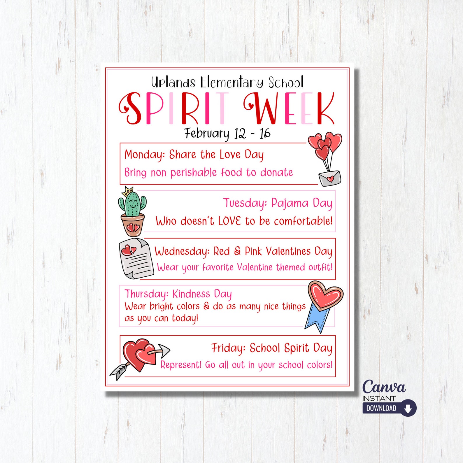 Editable Valentines School Spirit Week Flyer Template, Printable ...