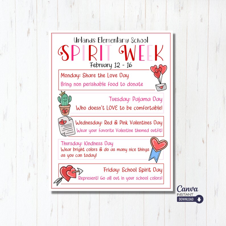 Editable Valentines School Spirit Week Flyer Template, Printable ...