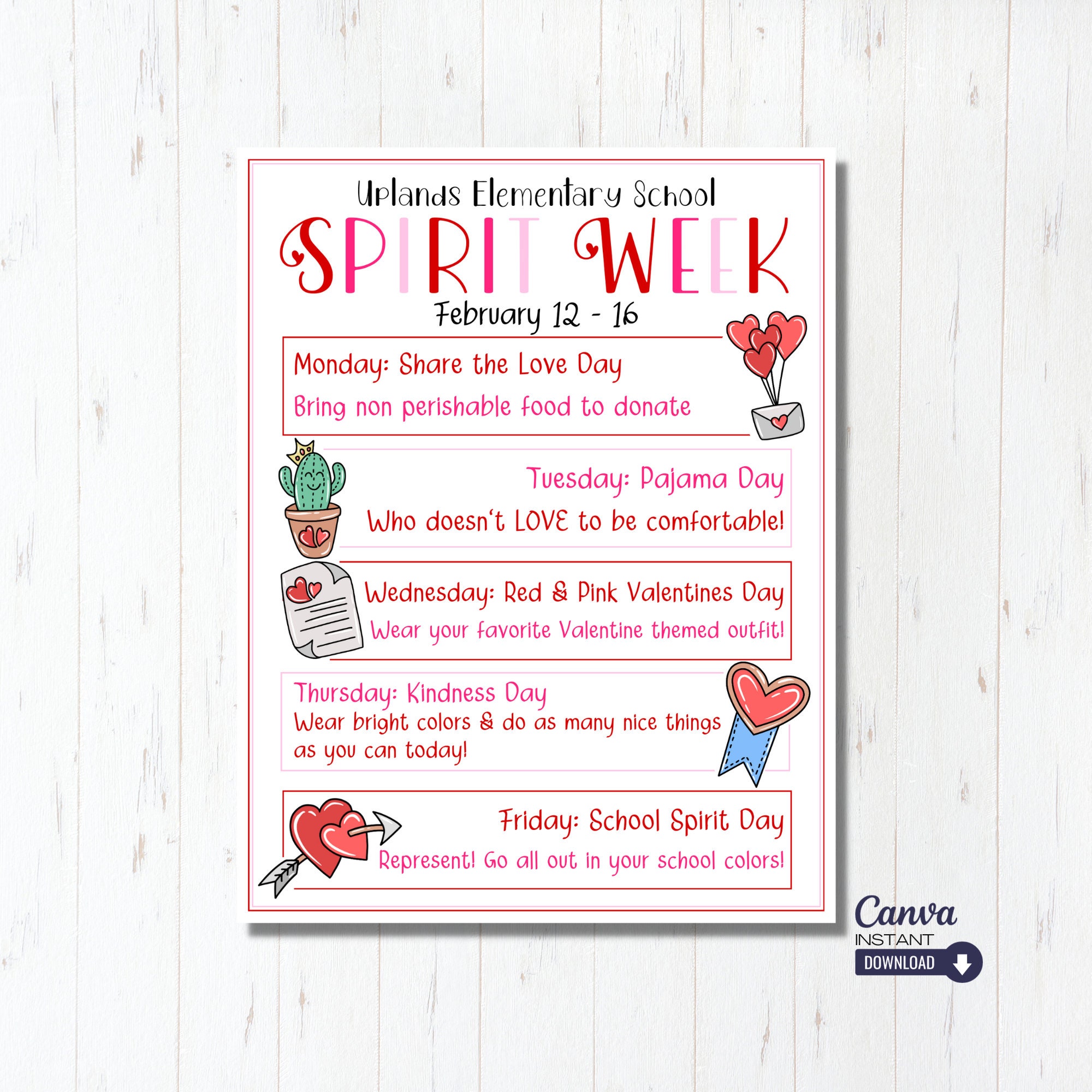 Editable Valentines School Spirit Week Flyer Template, Printable ...