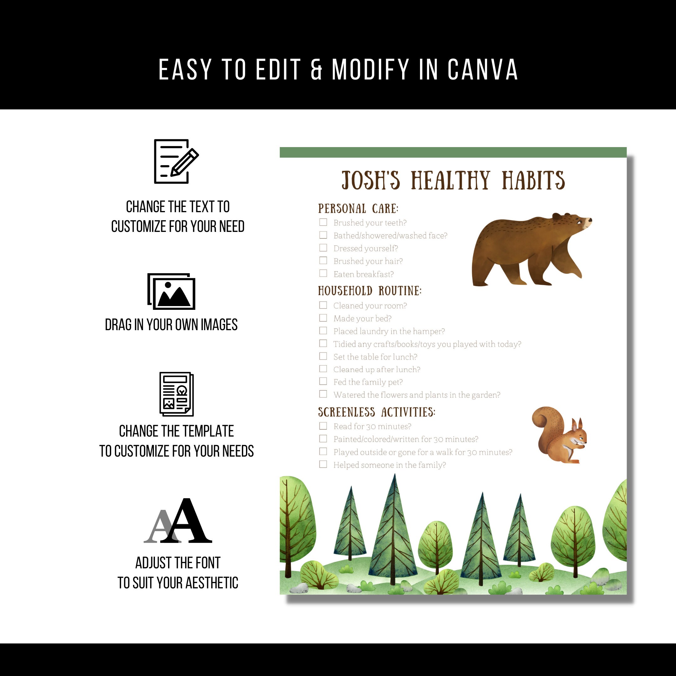 Kids Chore Chart Printable: Editable Woodland Responsibility Checklist ...