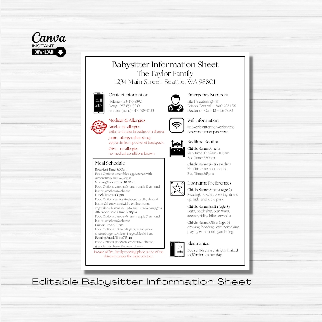 Editable Babysitter Information Sheet Template (printable) - Etsy