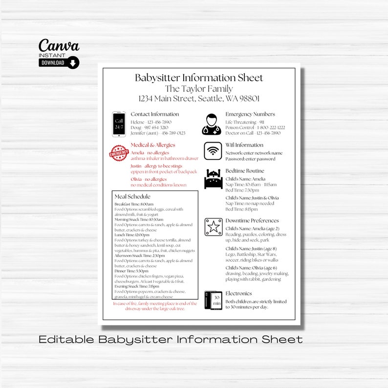 Editable Babysitter Information Sheet Template (printable) - Etsy