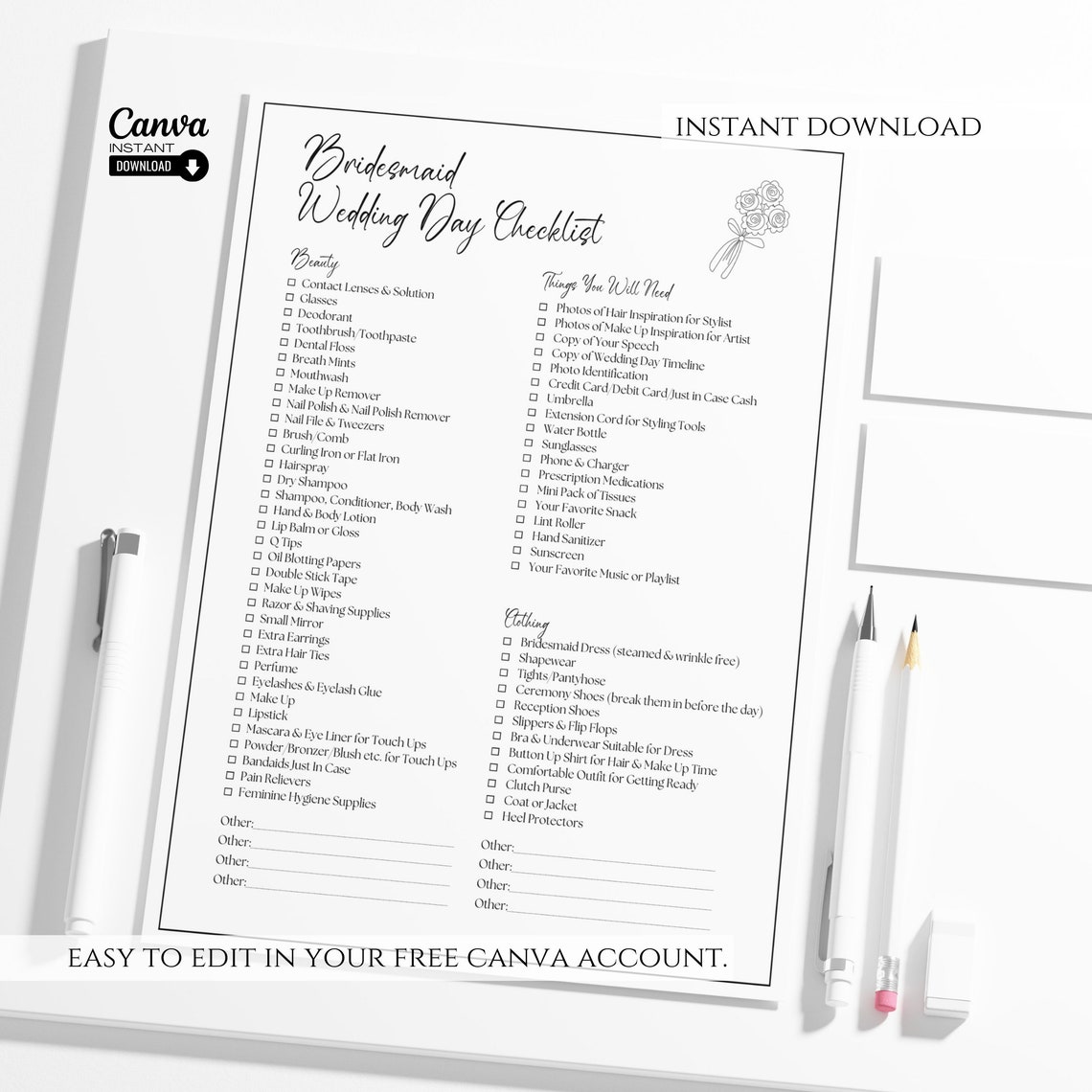 Editable Bridesmaid Wedding Day Checklist Template, Printable Wedding ...