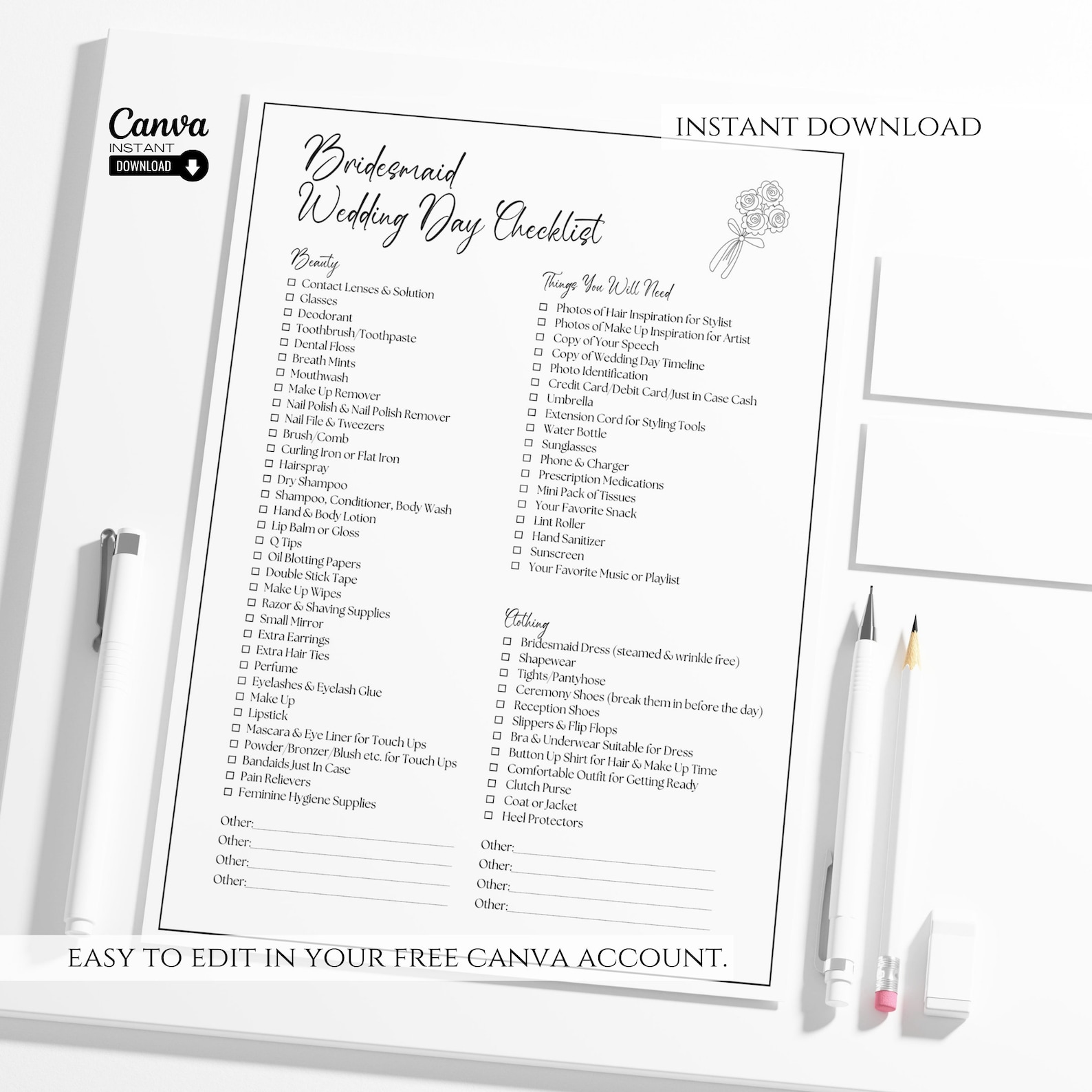 Editable Bridesmaid Wedding Day Checklist: Printable Bridal Party Info ...