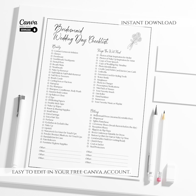 Editable Bridesmaid Wedding Day Checklist: Printable Bridal Party Info ...