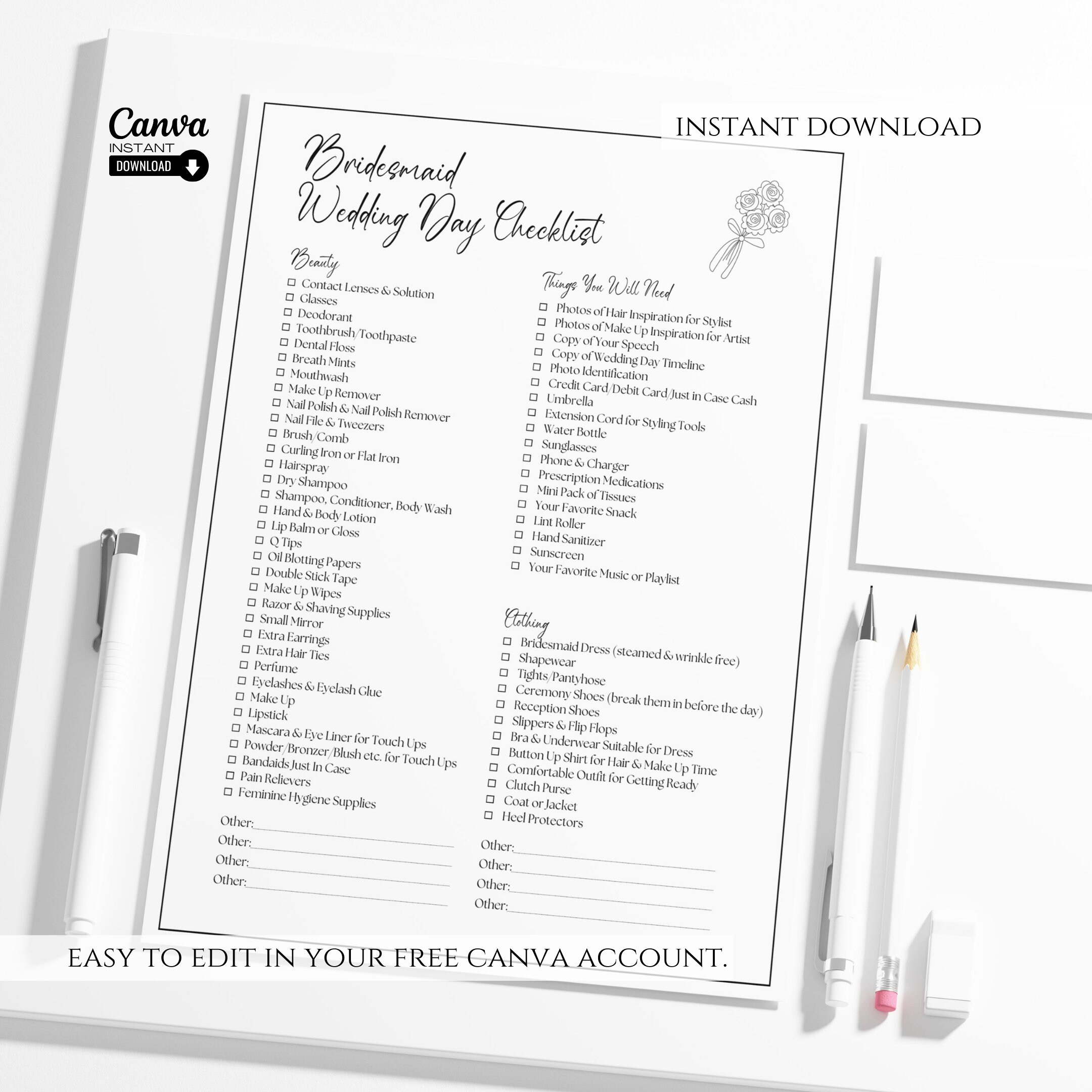 Editable Bridesmaid Wedding Day Checklist: Printable Bridal Party Info ...