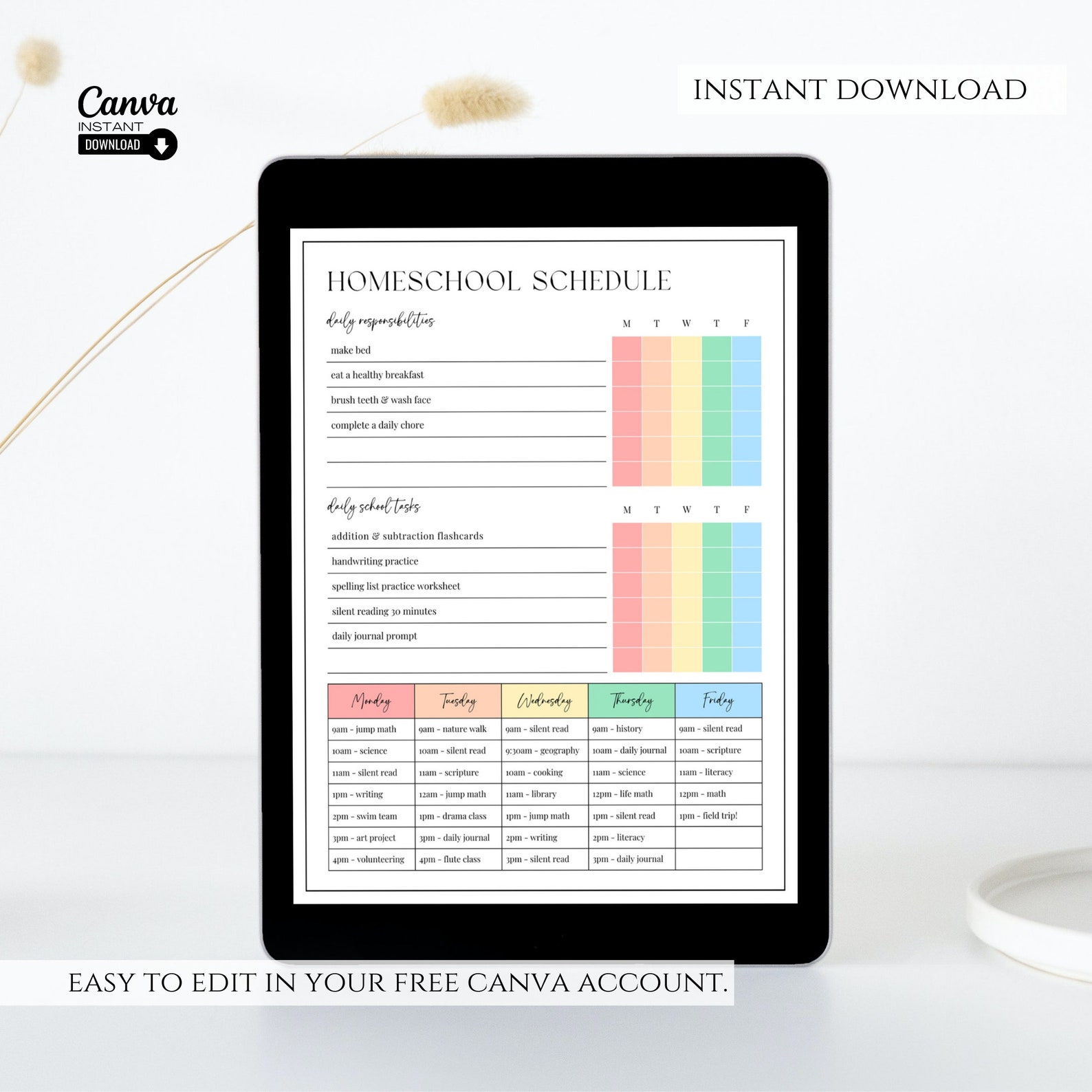 Editable Homeschool Checklist: Daily Schedule Template (canva & PDF) - Etsy