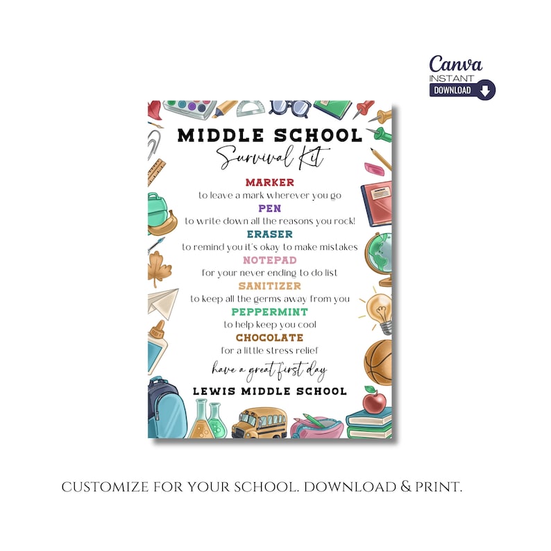 Editable Middle School Survival Kit Template, Printable Student ...