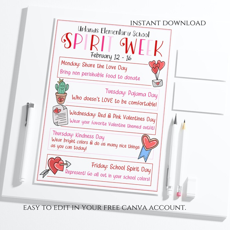 Editable Valentines School Spirit Week Flyer Template, Printable ...